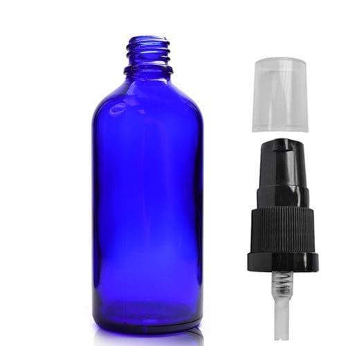 100ml Blue Glass Skincare Bottle With Lotion Pump - Ampulla LTD