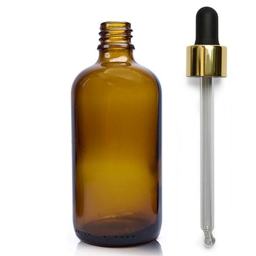 100ml Amber Glass Dropper Bottle With Luxury Gold Pipette & Wiper