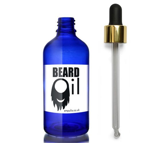 100ml Blue Glass Beard Oil Bottle With Luxury Gold Pipette & Wiper